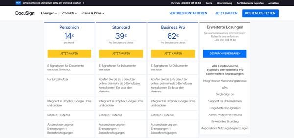 DocuSign Kosten 2023 » Aktuelle Preise & Tarife | trusted.de